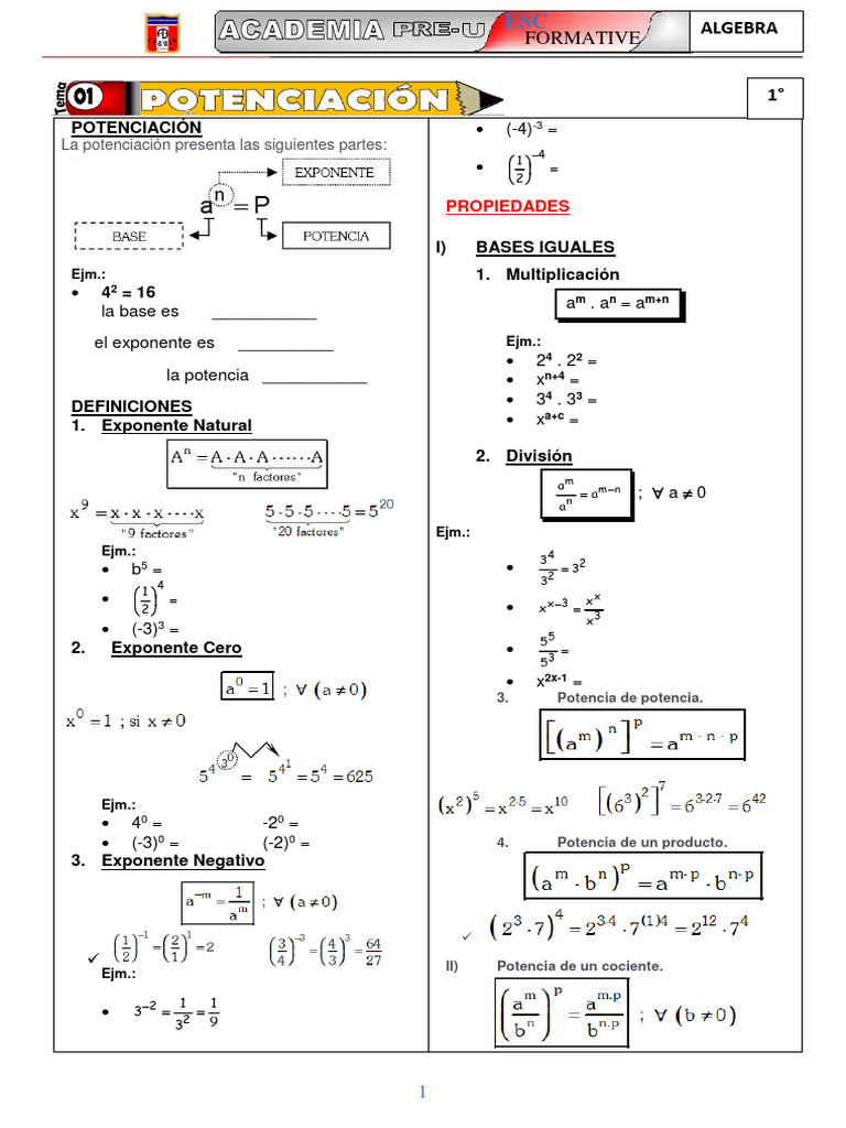POTENCIACIÓN_RECUP 1°_2024 | PDF | Exponenciación | Multiplicación