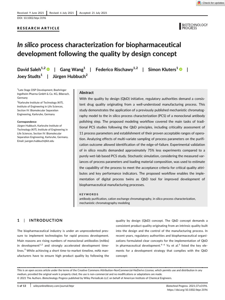 Biotechnology Progress - 2021 - Saleh - in Silico Process ...