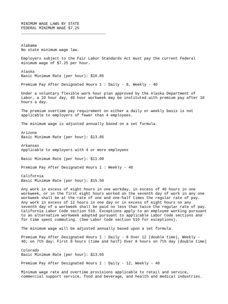 Minimum Wage Laws by State | PDF | Overtime | Wage