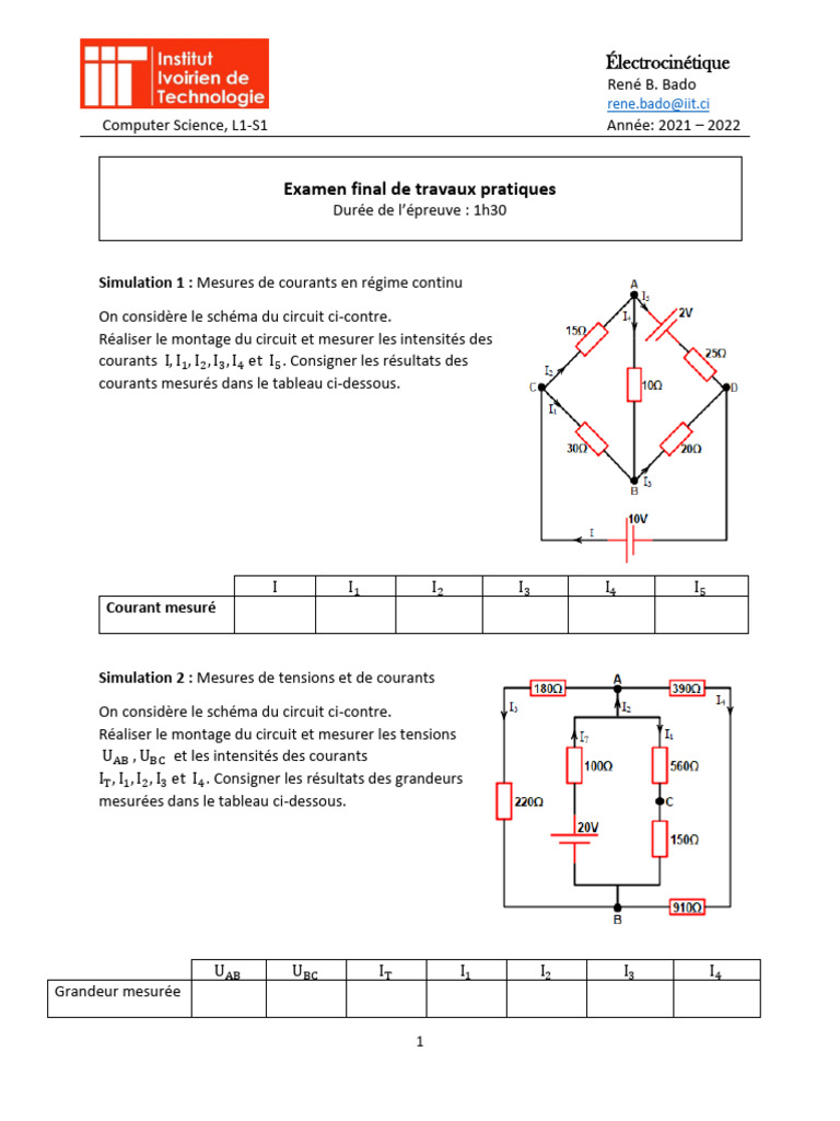 Examen Pratique en Électrocinétique | PDF | Tension électrique ...