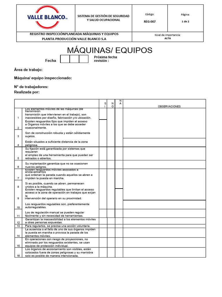 Reg-007 Check List Máquinas | Descargar gratis PDF | Seguridad y salud ...