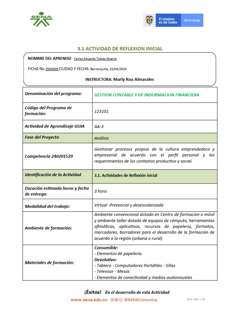 Actividad de Reflexion Inicial Guia Emprendimiento | PDF | Iniciativa empresarial