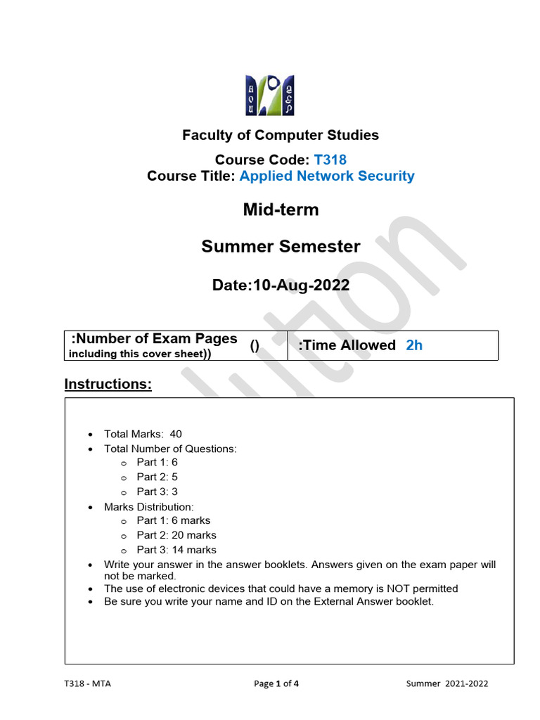 T318 MTA Summer2021 Key | PDF | Cryptography | Cipher