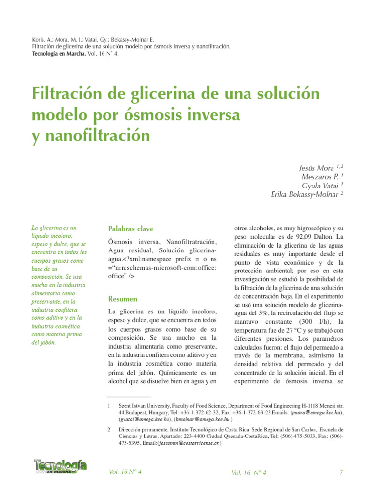 Filtración de Glicerina de Una Solución Modelo Por Ósmosis Inversa y Nanofiltración | PDF ...