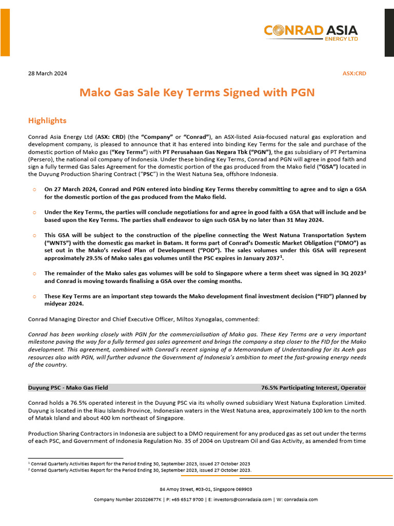 CRD Mako Gas Sale Key Terms Signed With PGN | PDF | Natural Gas | Risk