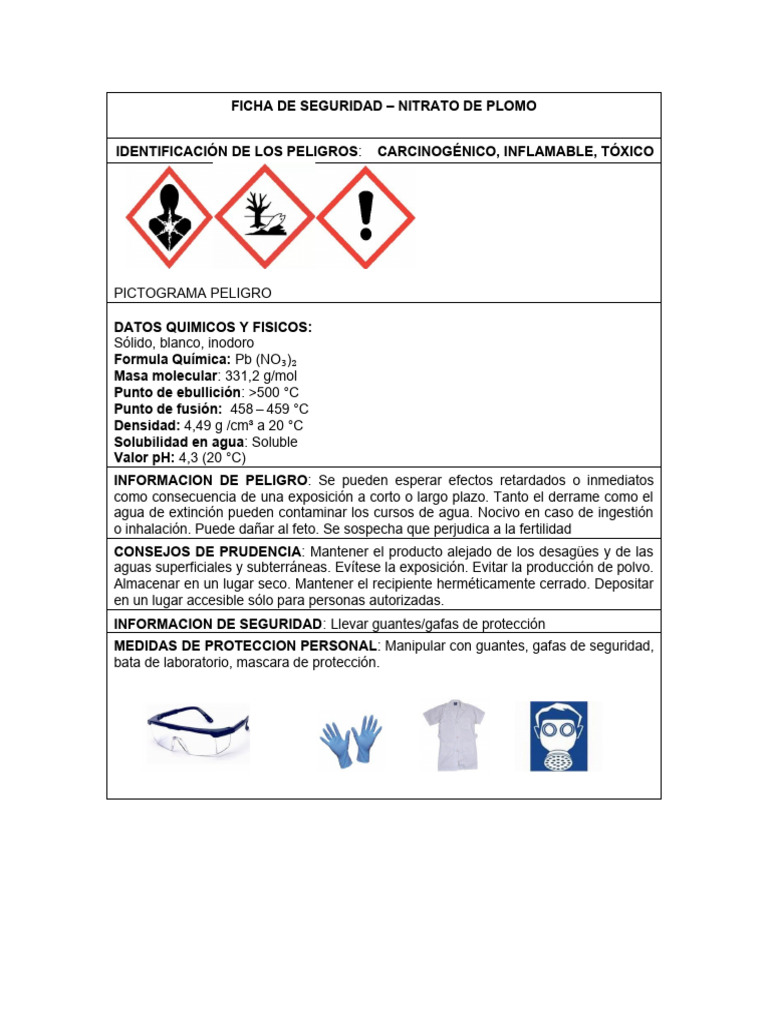 Ficha de Seguridad: Nitrato de Plomo | PDF