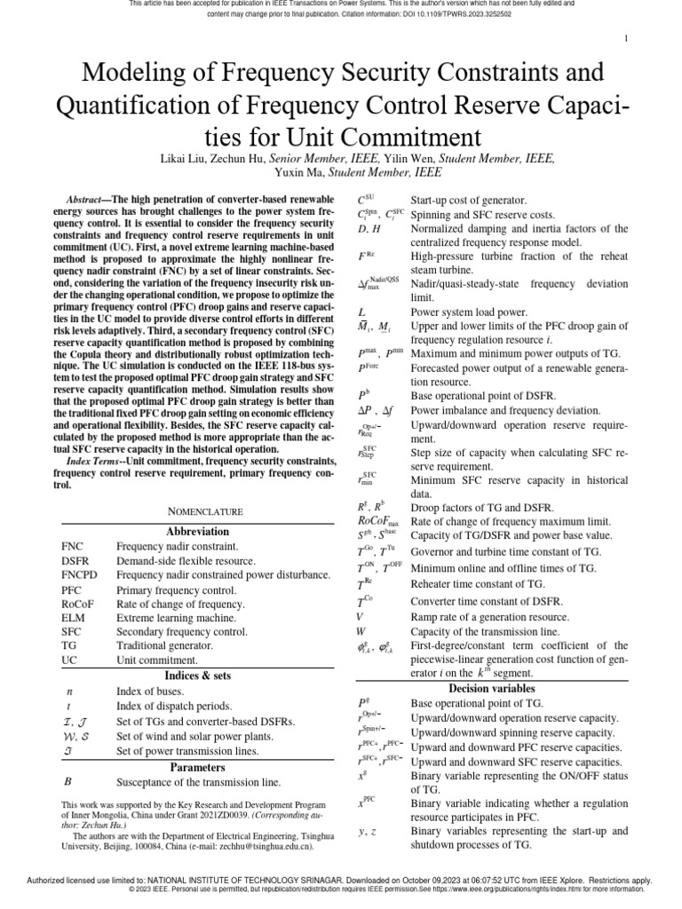 Modeling Of Frequency Security Constraints And Quantification Of