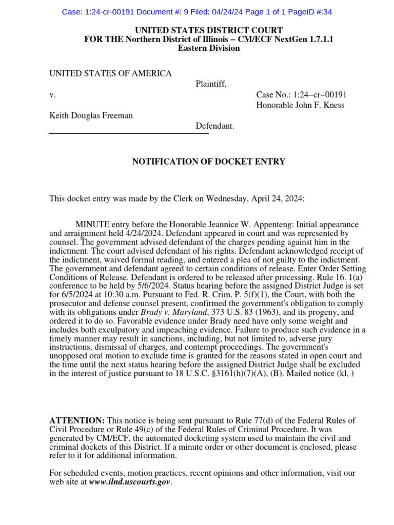 U.S. v. Keith Douglas Freeman - Docket Entry For 4-24-2024 | Download Free PDF | Plea | Indictment
