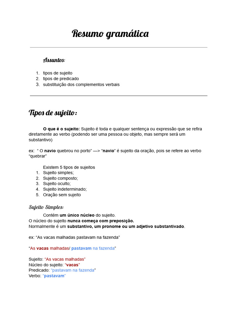 Resumo Gramatica | PDF | Assunto (gramática) | Predicado (gramática)