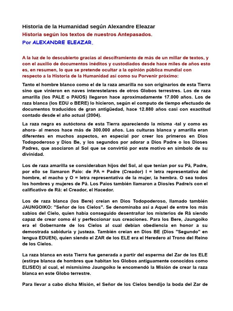Historia de La Humanidad Según Alexandre Eleazar | PDF | Conocimiento | Tierra
