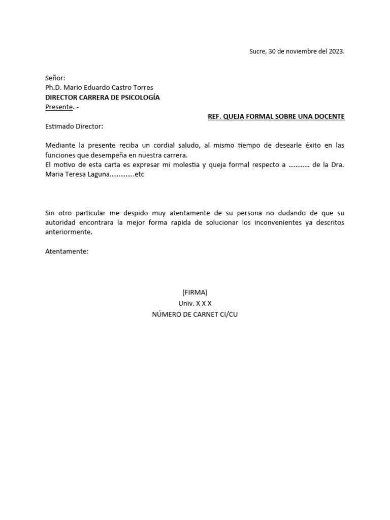 Modelo de Carta Queja Formal | PDF