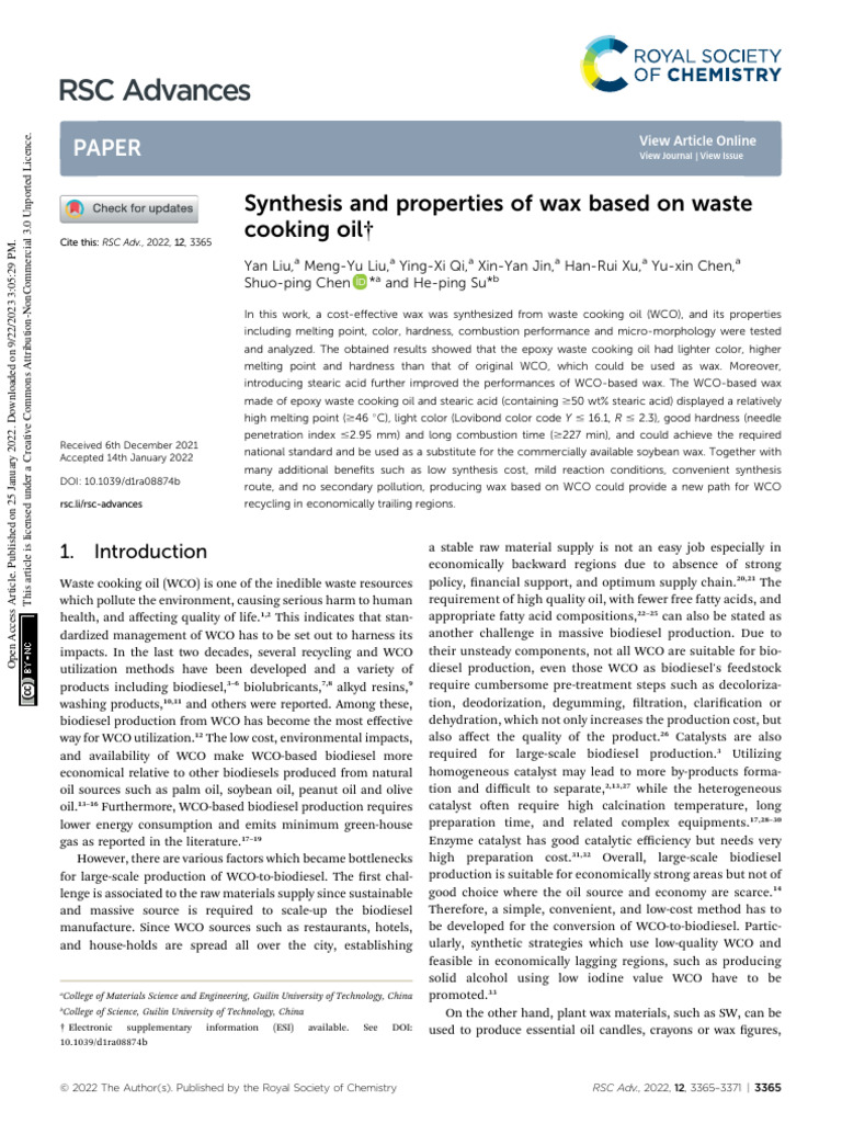 Synthesis and Properties of Wax Based On Waste Cooking Oil 1fpbexc6 | PDF | Biodiesel ...