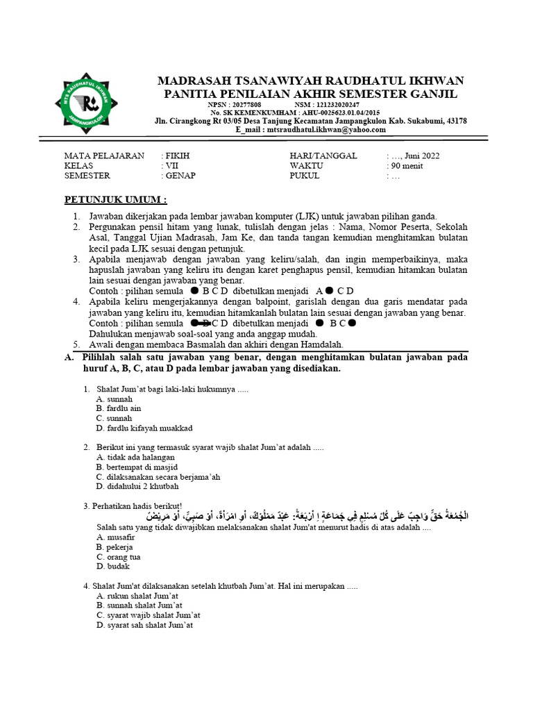 Panduan Ujian Fikih Kelas VII | PDF