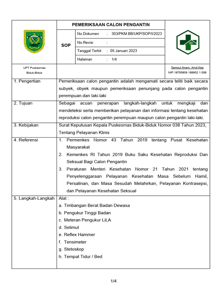 SOP Pelayanan Catin | PDF | Sains & Matematika | Kesehatan Holistik