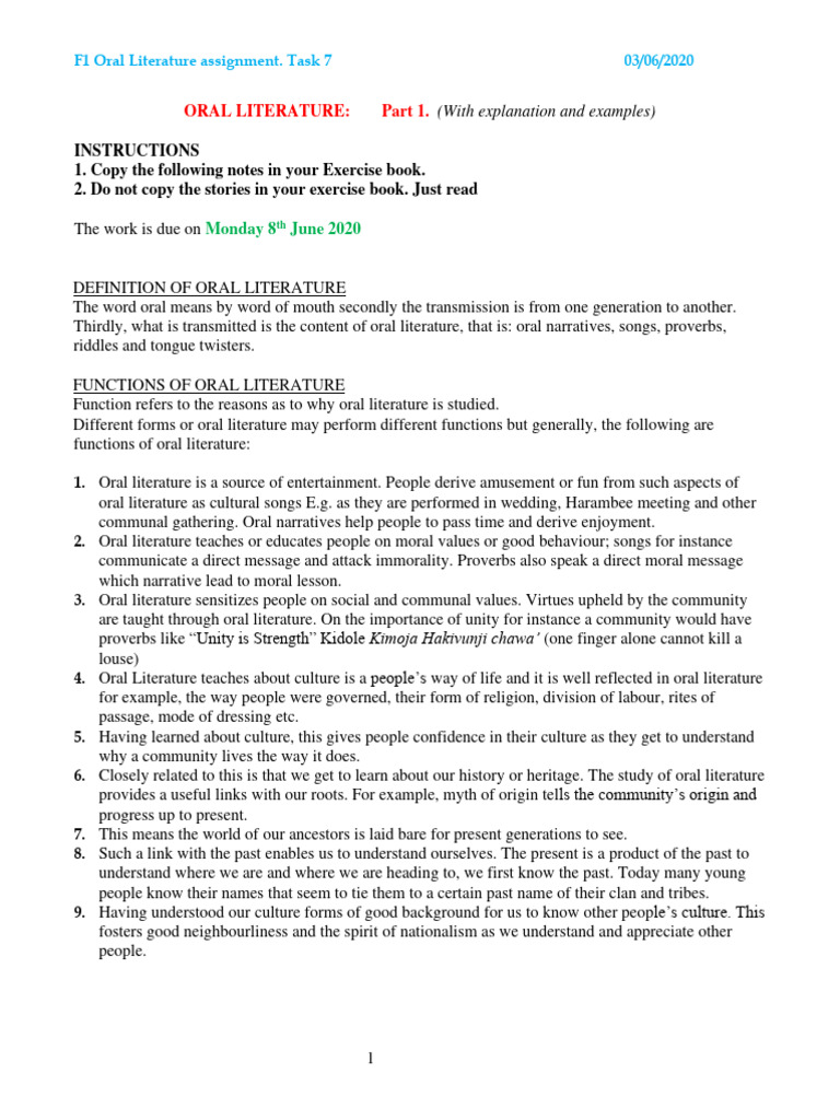 Form 1 Oral Literature Notes Part 1. Task 7 | Download Free PDF ...