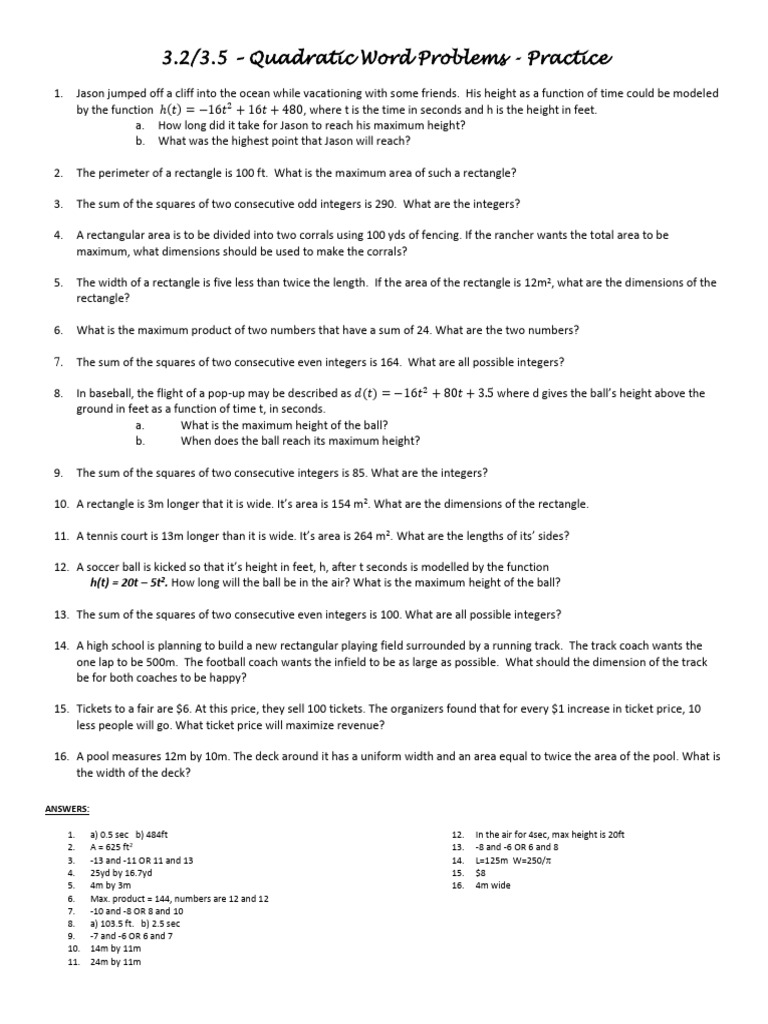 Quadratic Word Problems Practice Guide | PDF | Area | Length