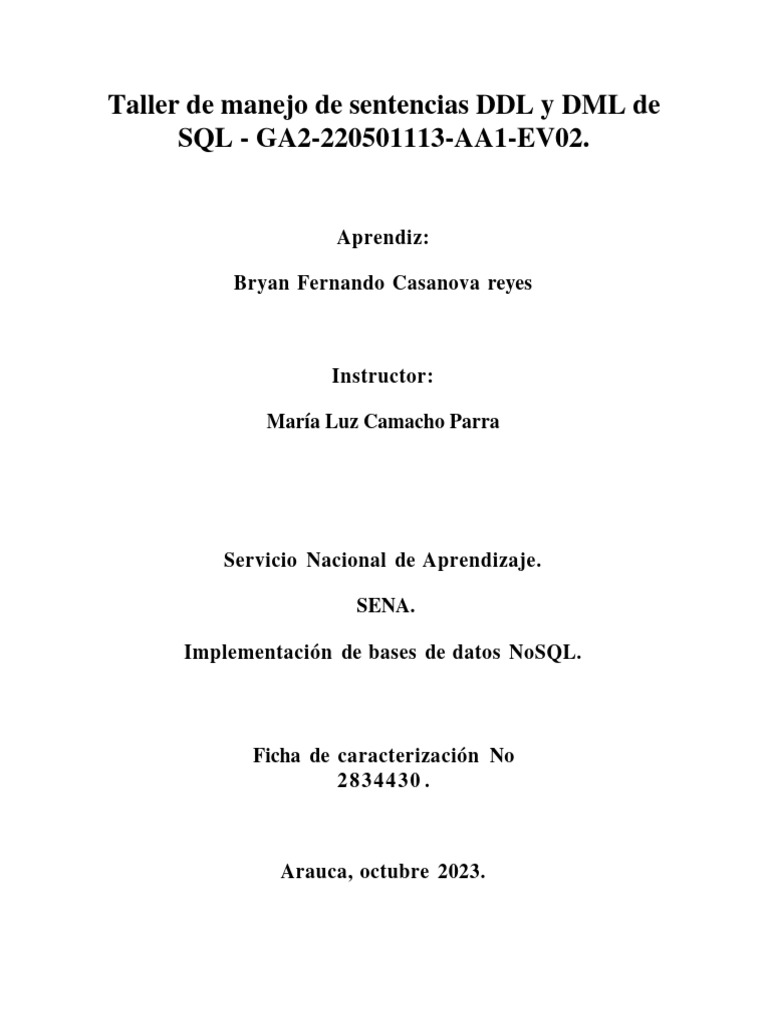 Taller de Manejo de Sentencias DDL y DML de SQL | PDF | Tipo de datos | SQL