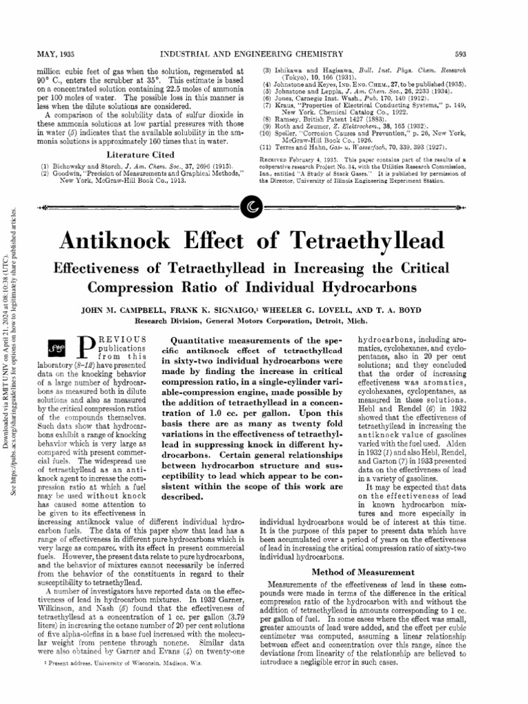 Campbell Et Al 2002 Antiknock Effect of Tetraethyllead Effectiveness of ...