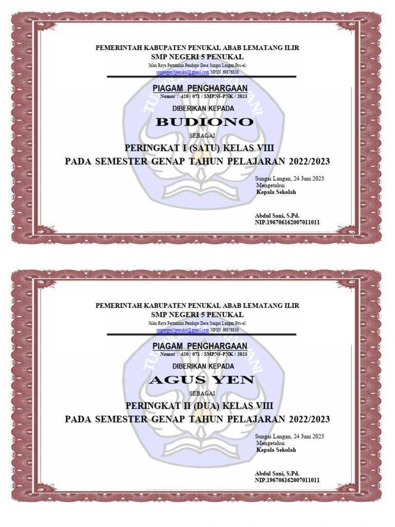 Piagam Penghargaan Siswa Berprestasi | PDF
