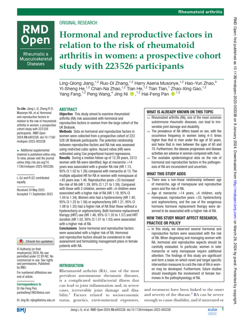 RMD Open 2024, Jiang LQ. Hormonal and Reproductive Factors in Relation ...