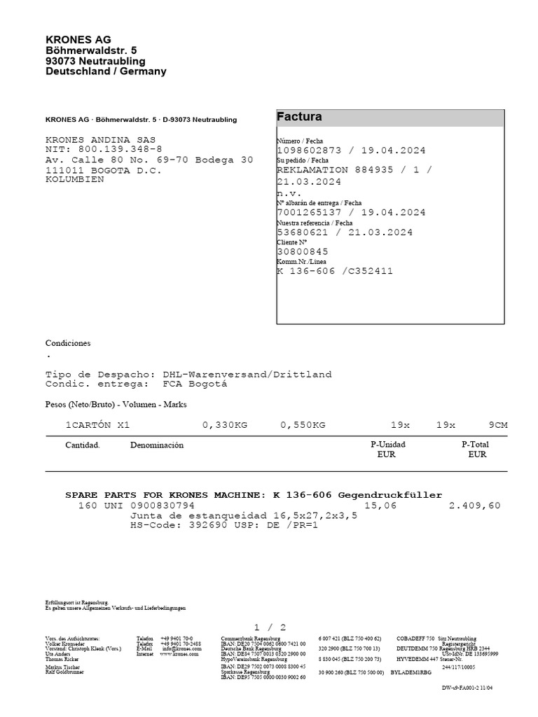 Krones AG Invoice No. 1098602873 | PDF