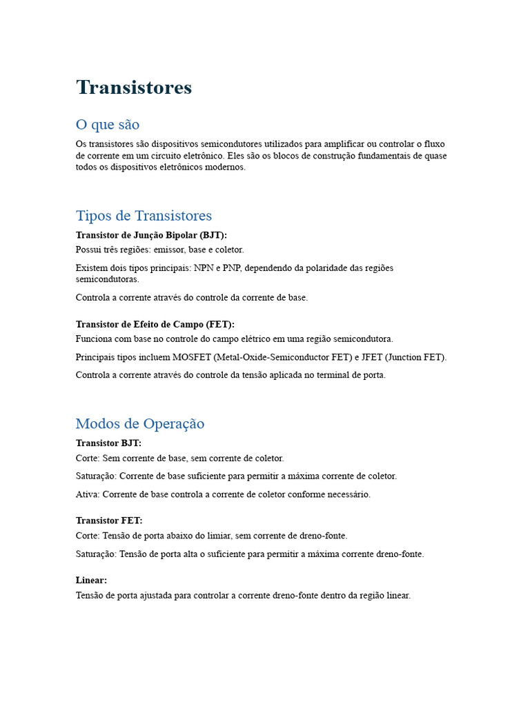 Tipos e Aplicações de Transistores | PDF | Transistor | Eletrônicos
