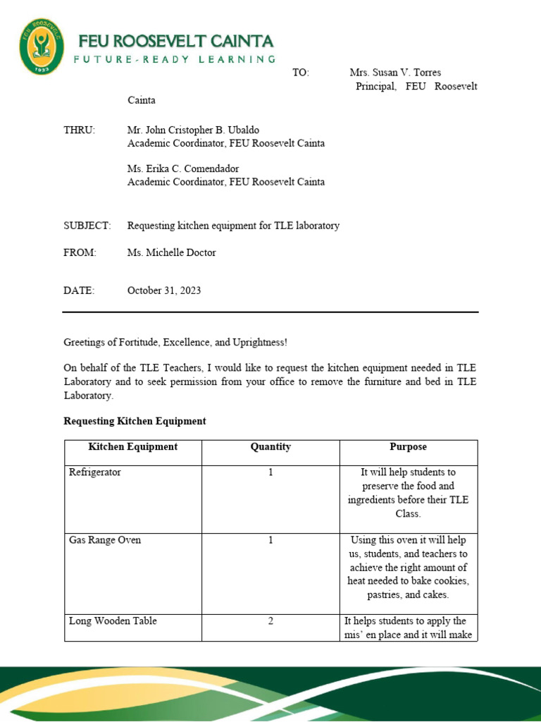 FEUR TLE Proposal Letter | PDF | Home | Cooking