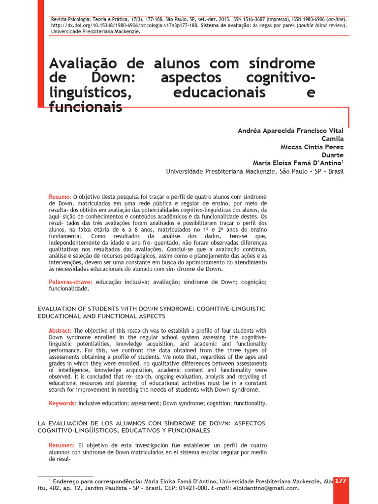 Avaliacao de Alunos Com SD - Aspectos Cognitivos Linguisticos Educacionais e Funcionais | PDF ...