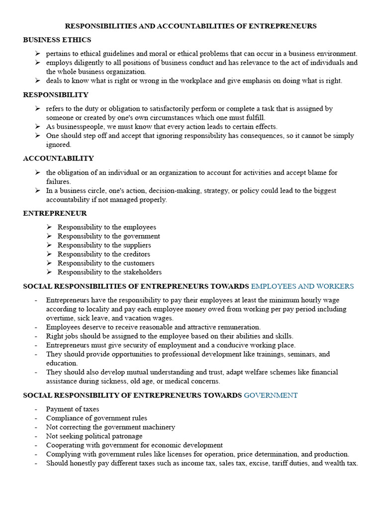 Responsibilities and Accountabilities of Entrepreneurs | PDF | Taxes ...