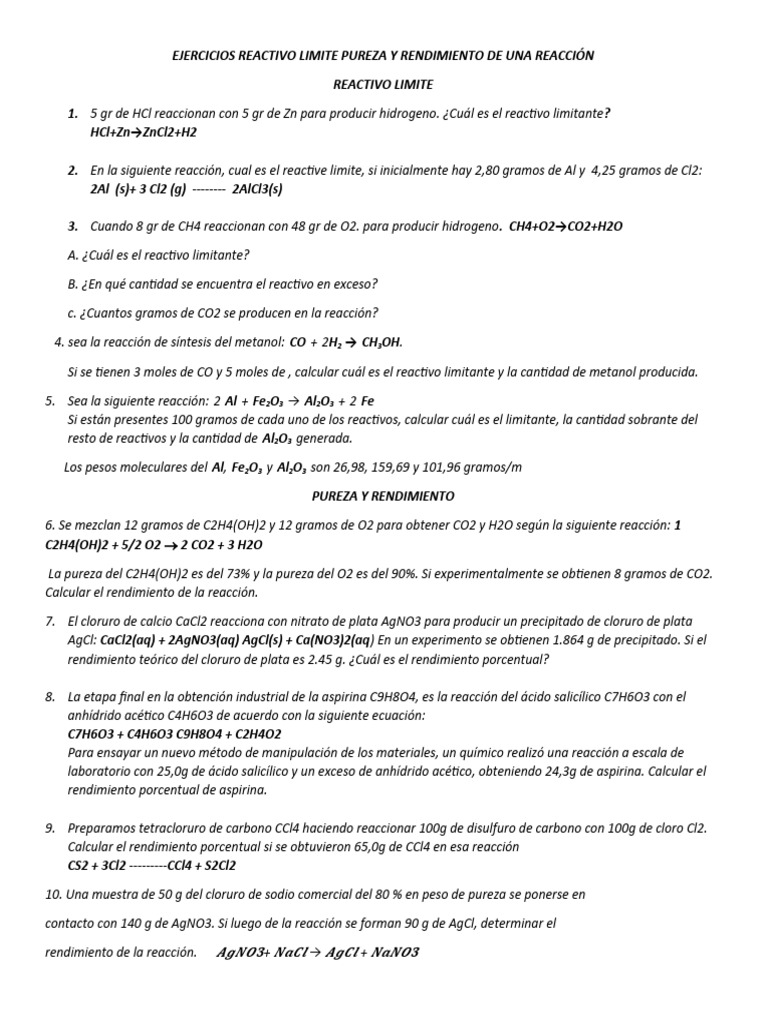 Ejercicios de Química: Reactivos y Rendimiento | PDF | Cloro | Sustancias químicas