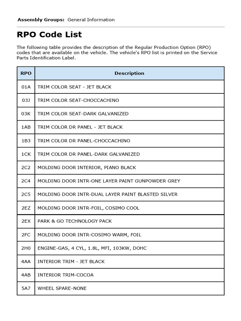 RPO Code List | PDF | Headlamp | Tire