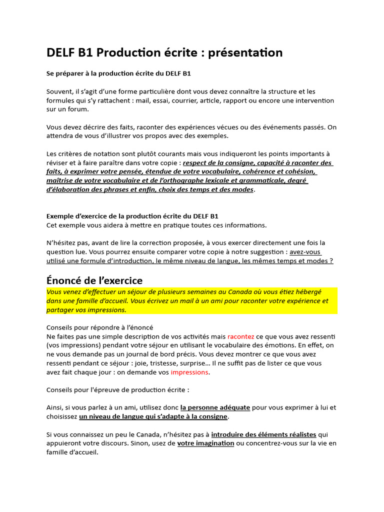 Guide de la production écrite DELF B1 | PDF