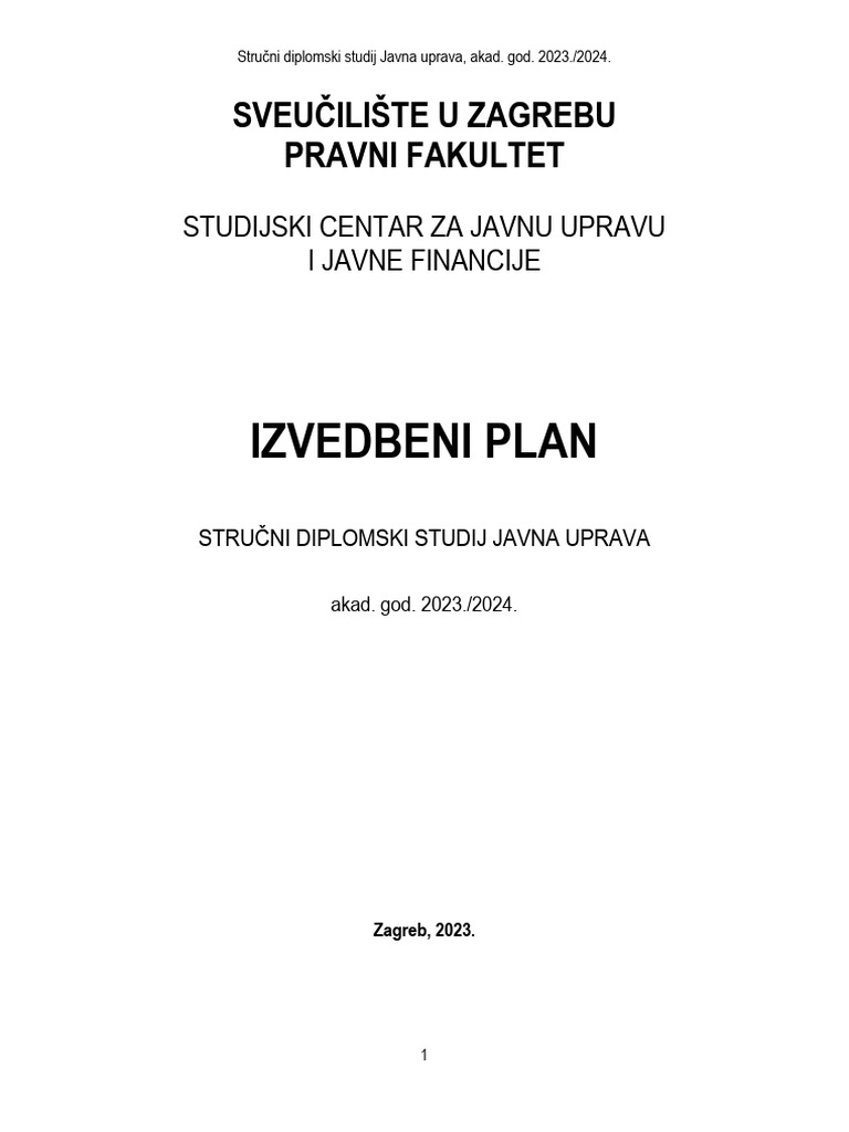 27 Izvedbeni Plan Strucni Diplomski Studij Javna Uprava 2023 2024 | PDF