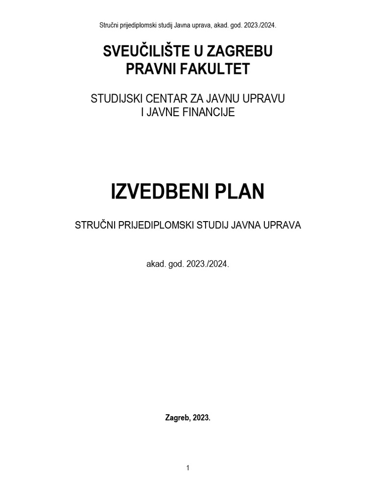 27 Izvedbeni Plan Strucni Prijediplomski Studij Javna Uprava 2023 2024 | PDF