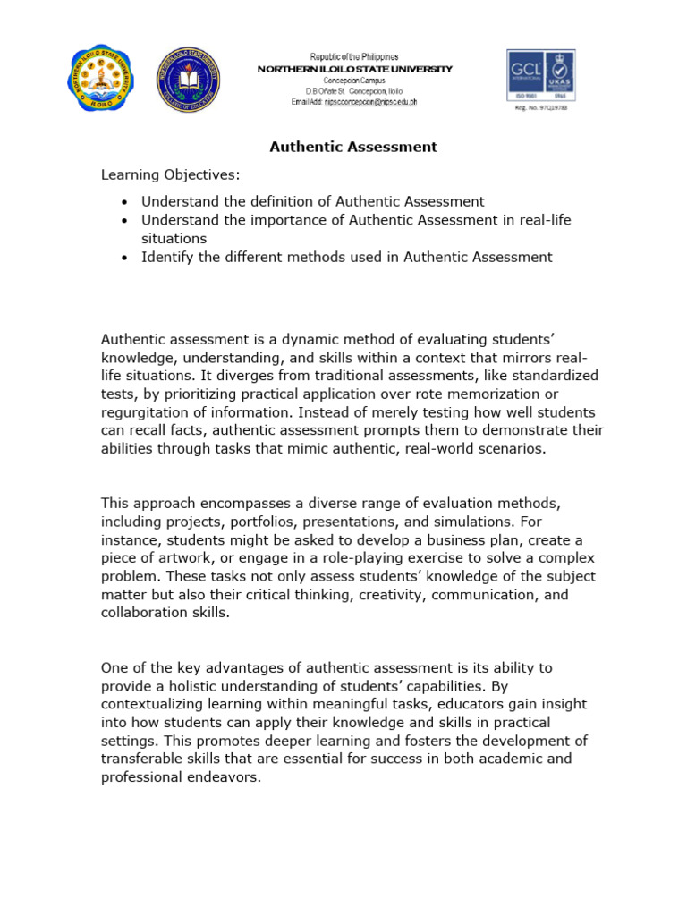 Understanding Authentic Assessment Methods | PDF | Educational ...