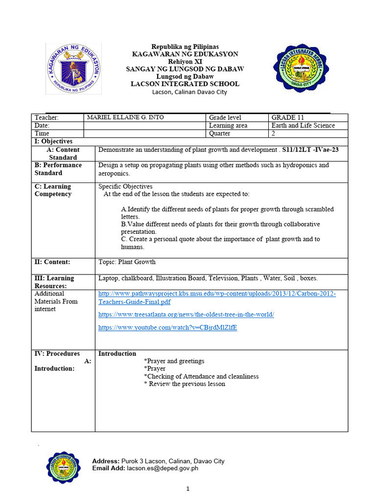 Lesson plan in SHS | PDF | Trees | Learning