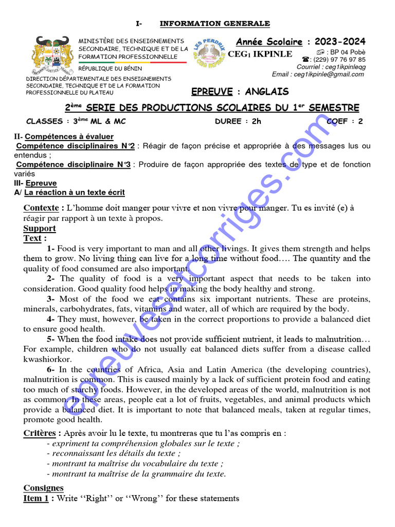 Anglais 3eme 2eme Devoir Du 1er Semestre 2023-2024 Ceg1 Ikpinle | PDF ...