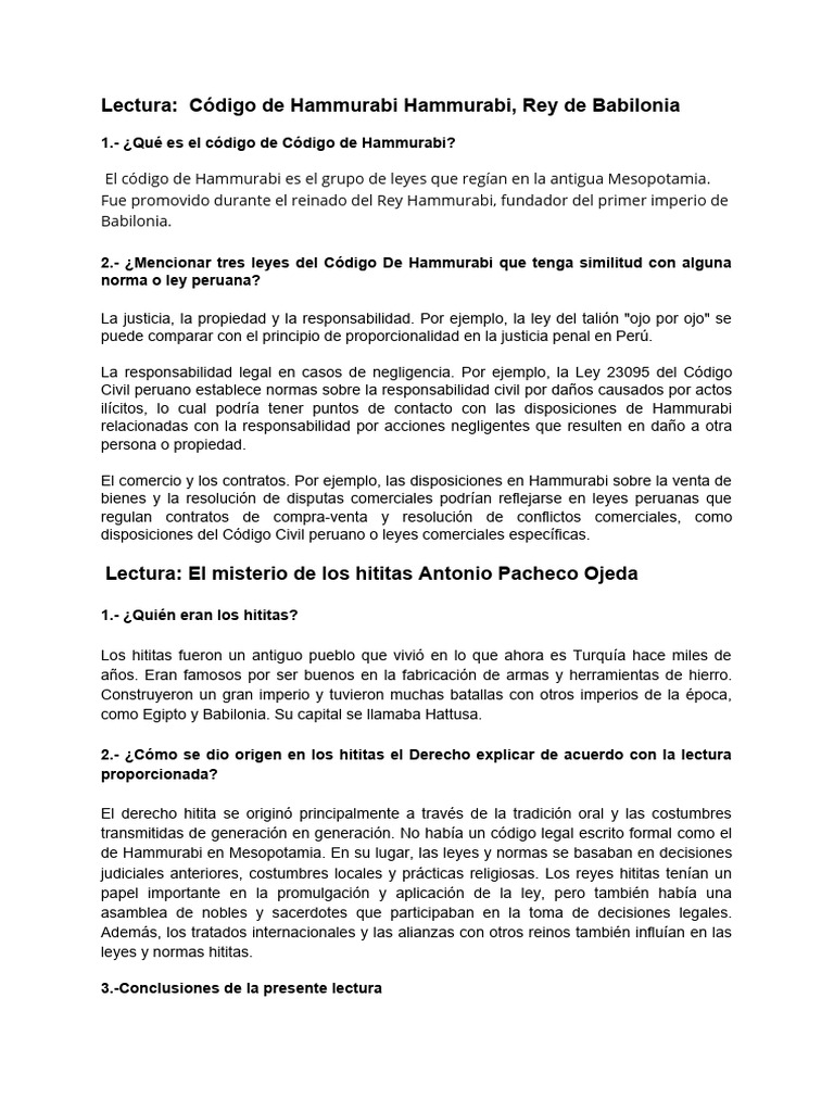 Lectura Código de Hammurabi Hammurabi | PDF | Hammurabi | Hititas