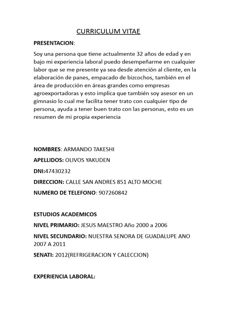 Currículum Vitae de Armando Takeshi Olivos | PDF | Negocios | Cocina ...