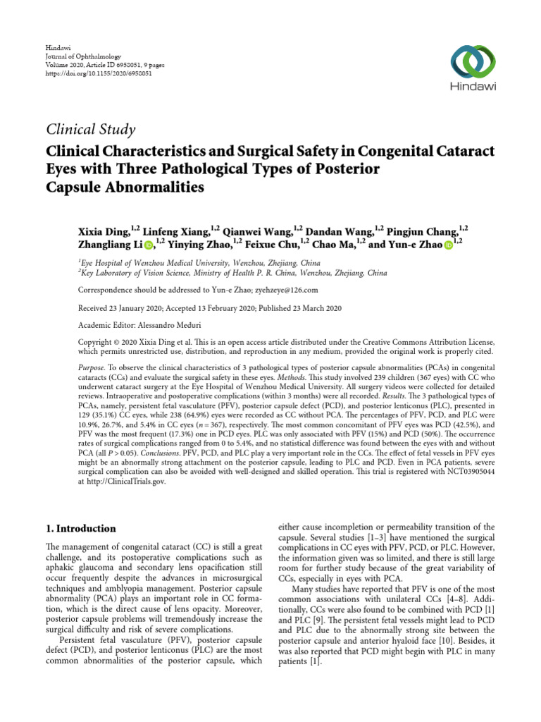 Clinical Characteristics and Surgical Safety in Congenital Cataract ...