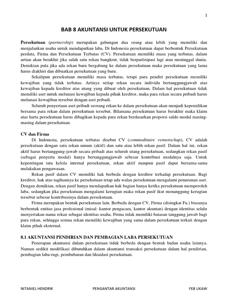 Bab 8 Akuntansi Untuk Persekutuan (Asli) | PDF | Pengelolaan Keuangan & Uang