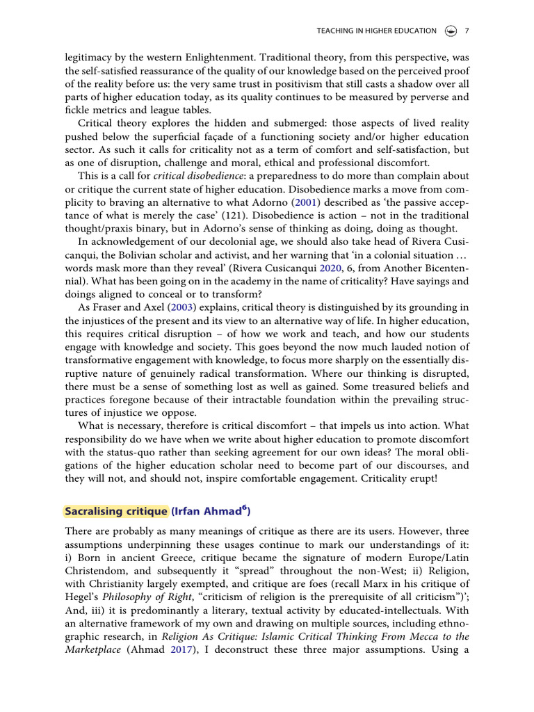 Ahmad_Irfan_2024_Sacralising_Critique_Te | PDF | Critical Theory | Knowledge
