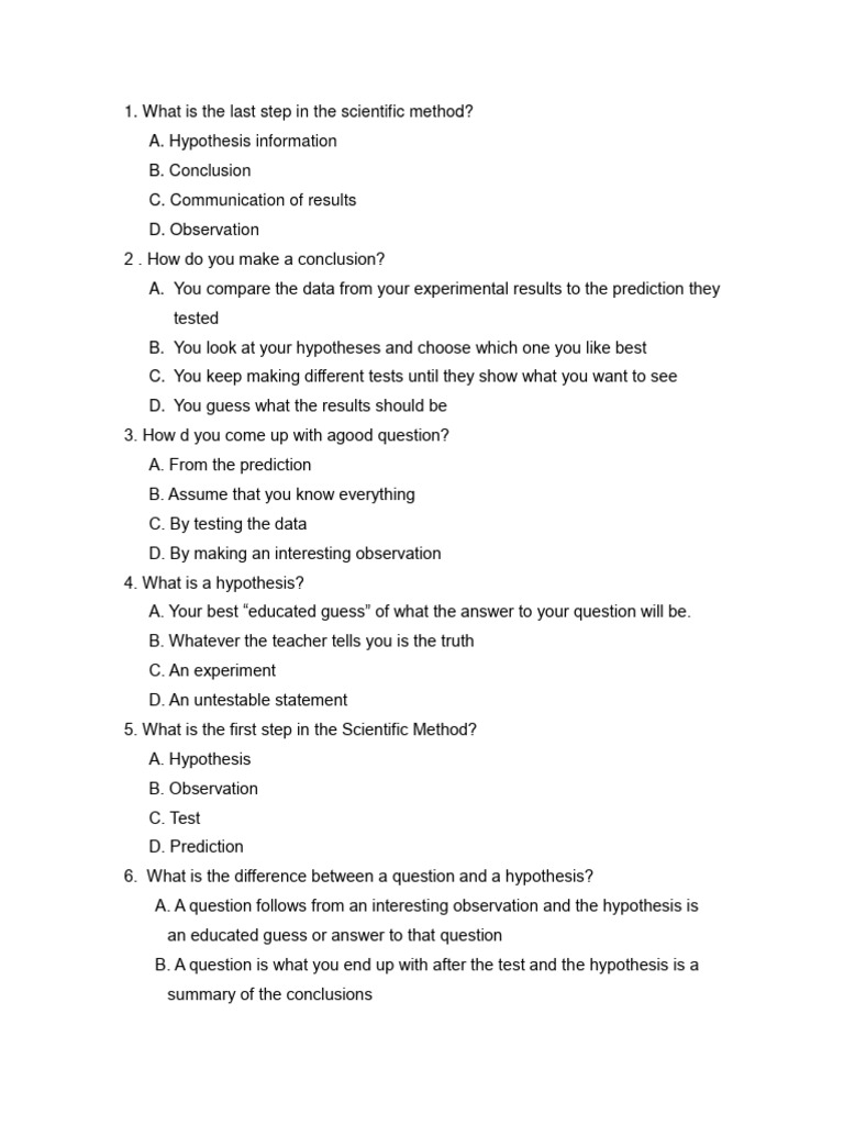 Scientific Method Quiz Questions | PDF | Hypothesis | Experiment