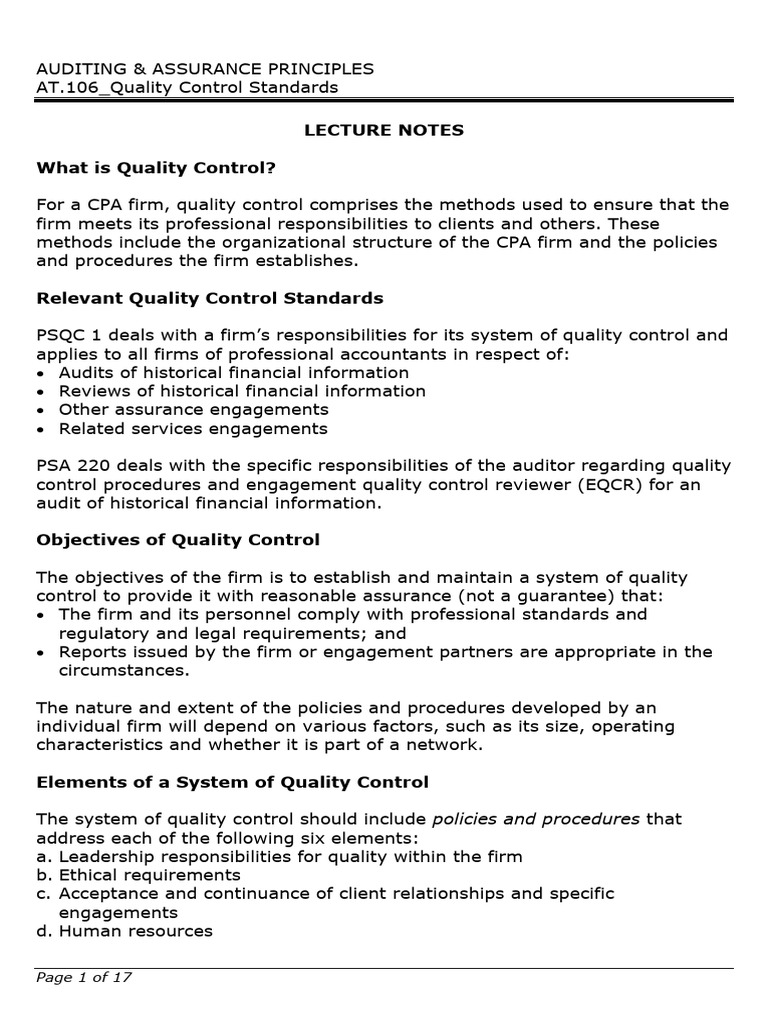 AT.106 - Quality Control Standards | PDF | Audit | Auditor's Report