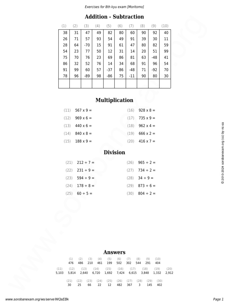 8th Kyu Exam Math Exercises | PDF