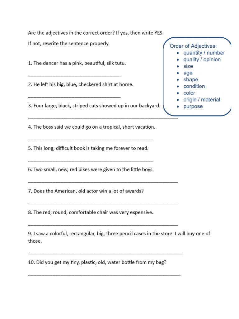 Adjective Order Correction Exercise | PDF
