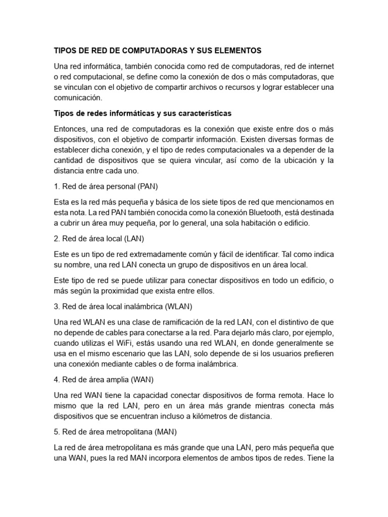 Tipos de Redes Informáticas y Elementos | PDF | Red de computadoras | LAN inalámbrico