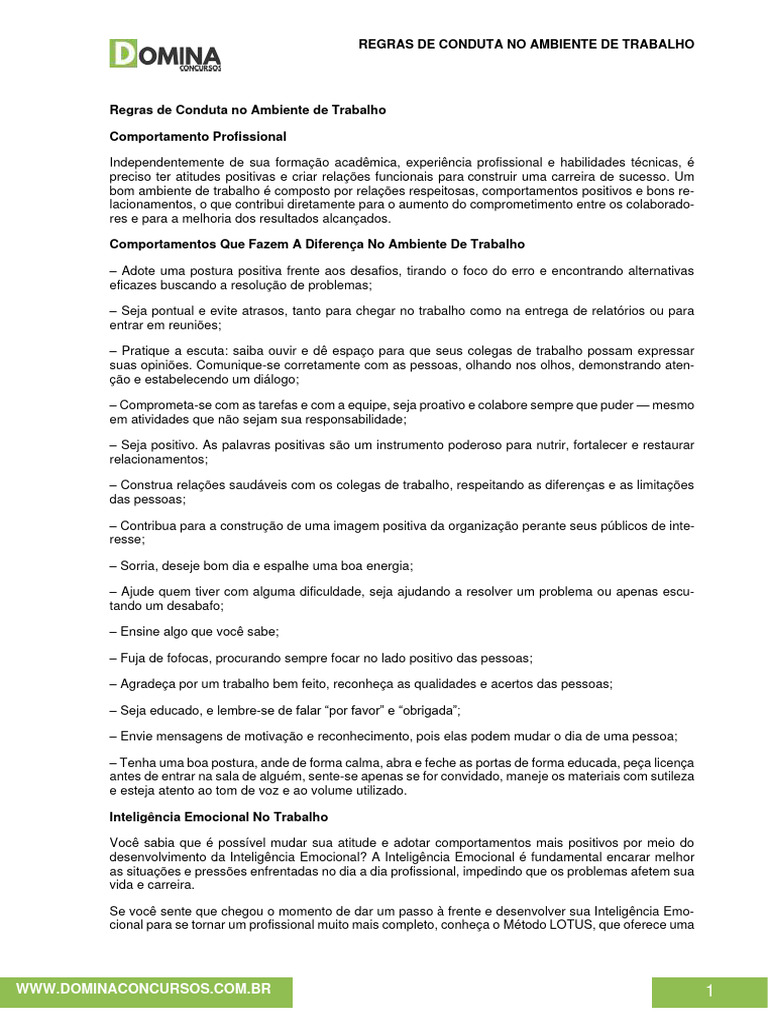 11 Regras de Conduta No Ambiente de Trabalho | Download grátis PDF ...