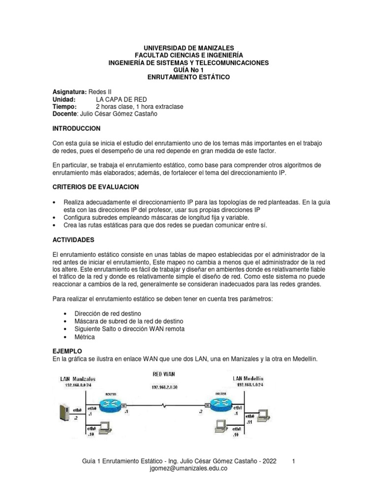 Guia1Enrutamientoestatico | PDF | Enrutador (Computación) | Dirección IP