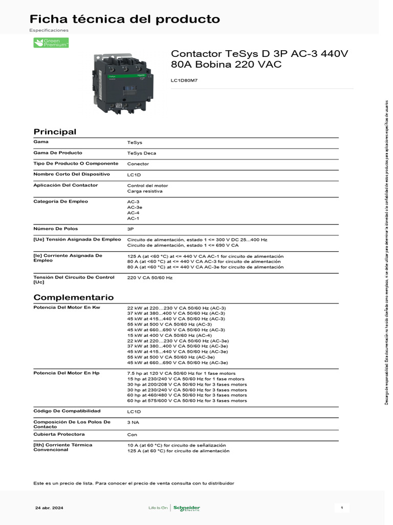Schneider Electric TeSys-Deca-contactors LC1D80M7 | PDF | Residuos ...